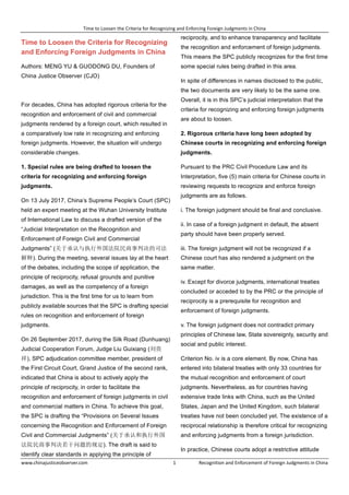 Recognition and enforcement of foreign judgments in china vol. 1 no. 1 ...