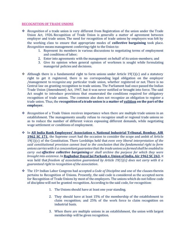 Recognition of trade unions | DOCX | Law
