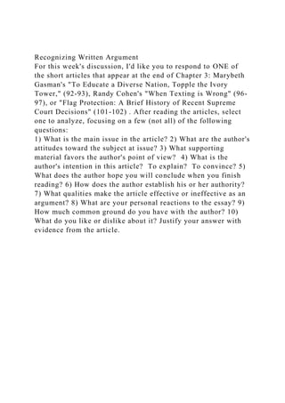 Recognizing Written ArgumentFor this weeks discussion, Id like.docx ...