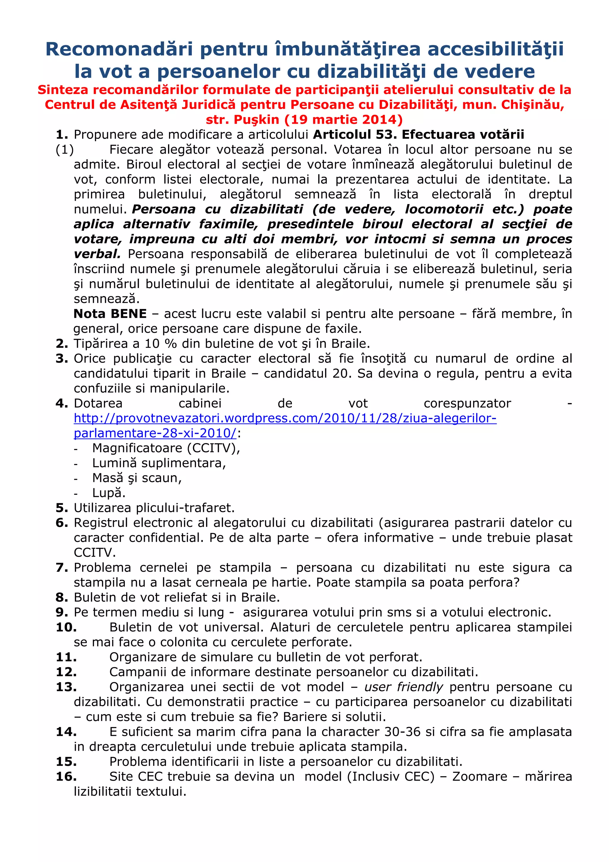 Recomandari pentru imbunatirea accesibilitati la vot a persoanelor cu dizabilitati de vedere | PDF