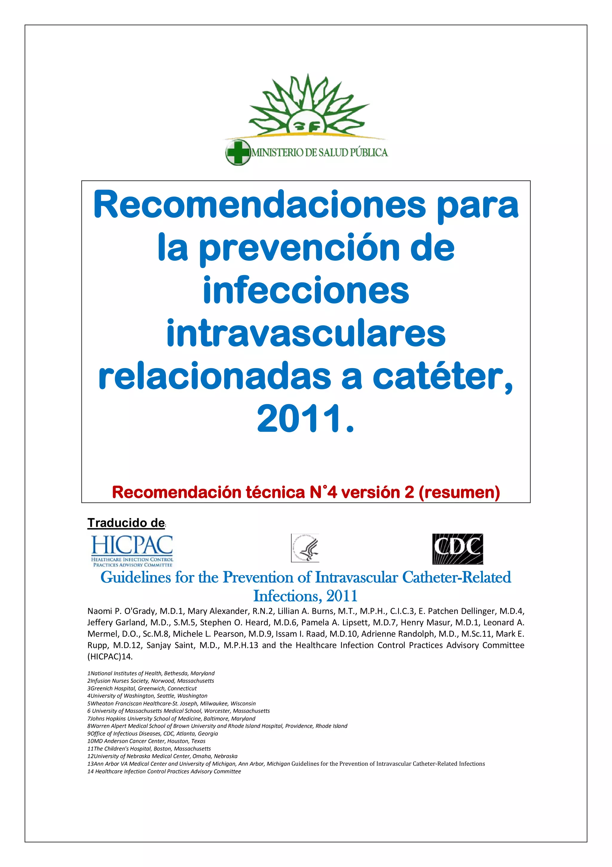 Recomendaciones cdc 2011 infecciones por cateteres | PDF