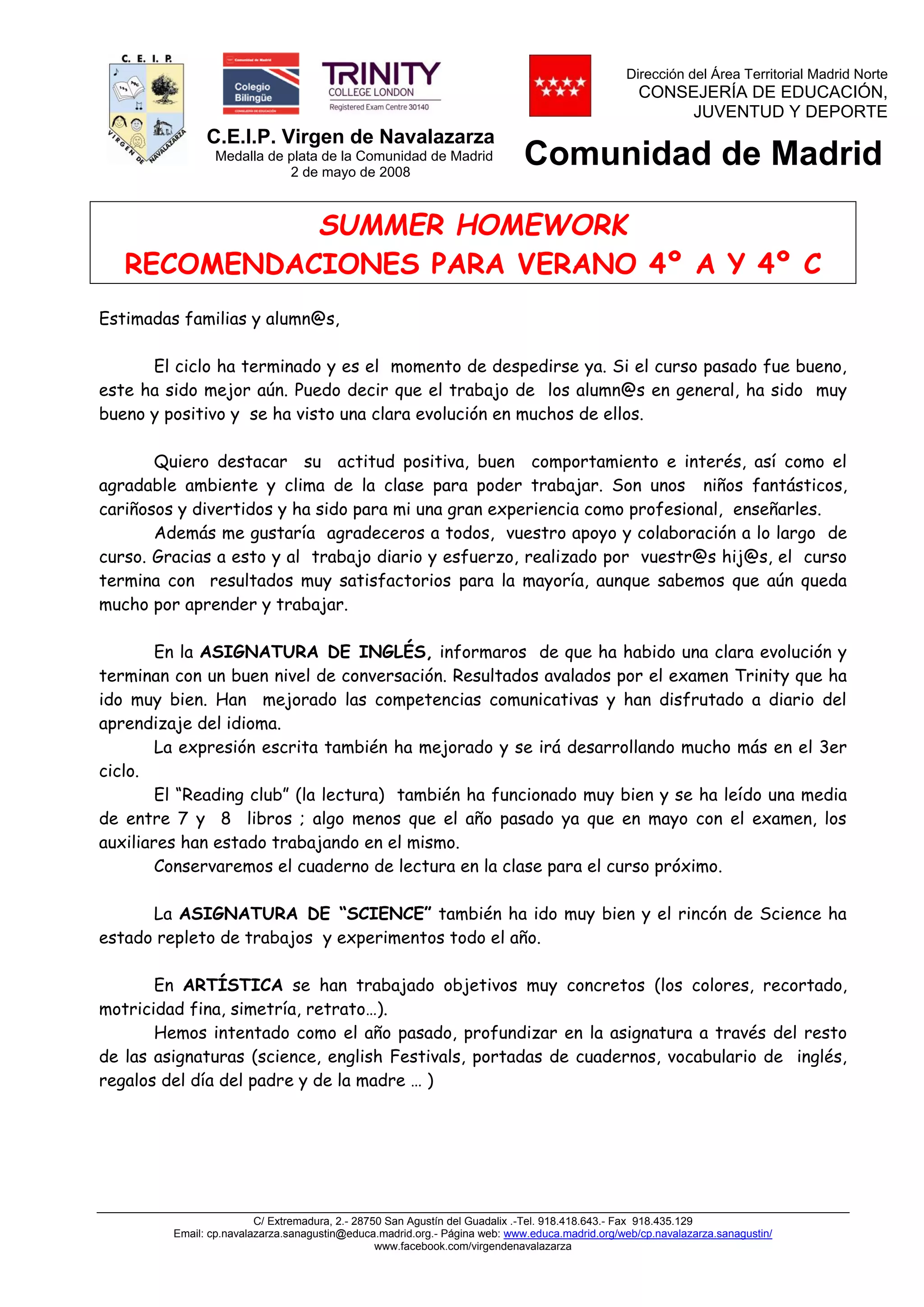 Recomendaciones para el verano 4º completas | PDF