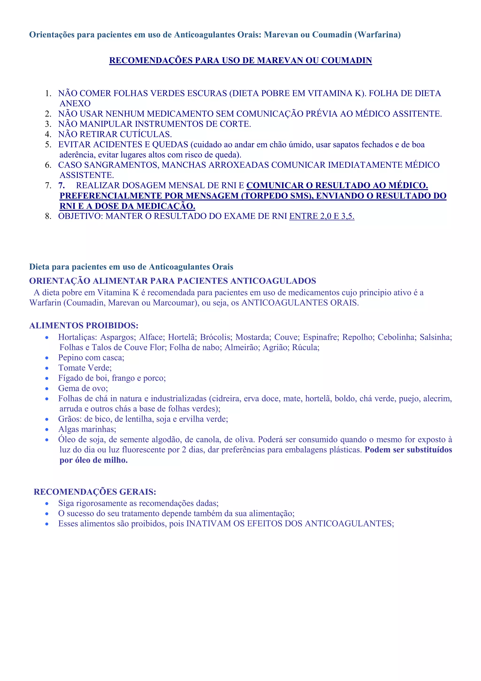Recomendações para uso de marevan ou coumadin | PDF
