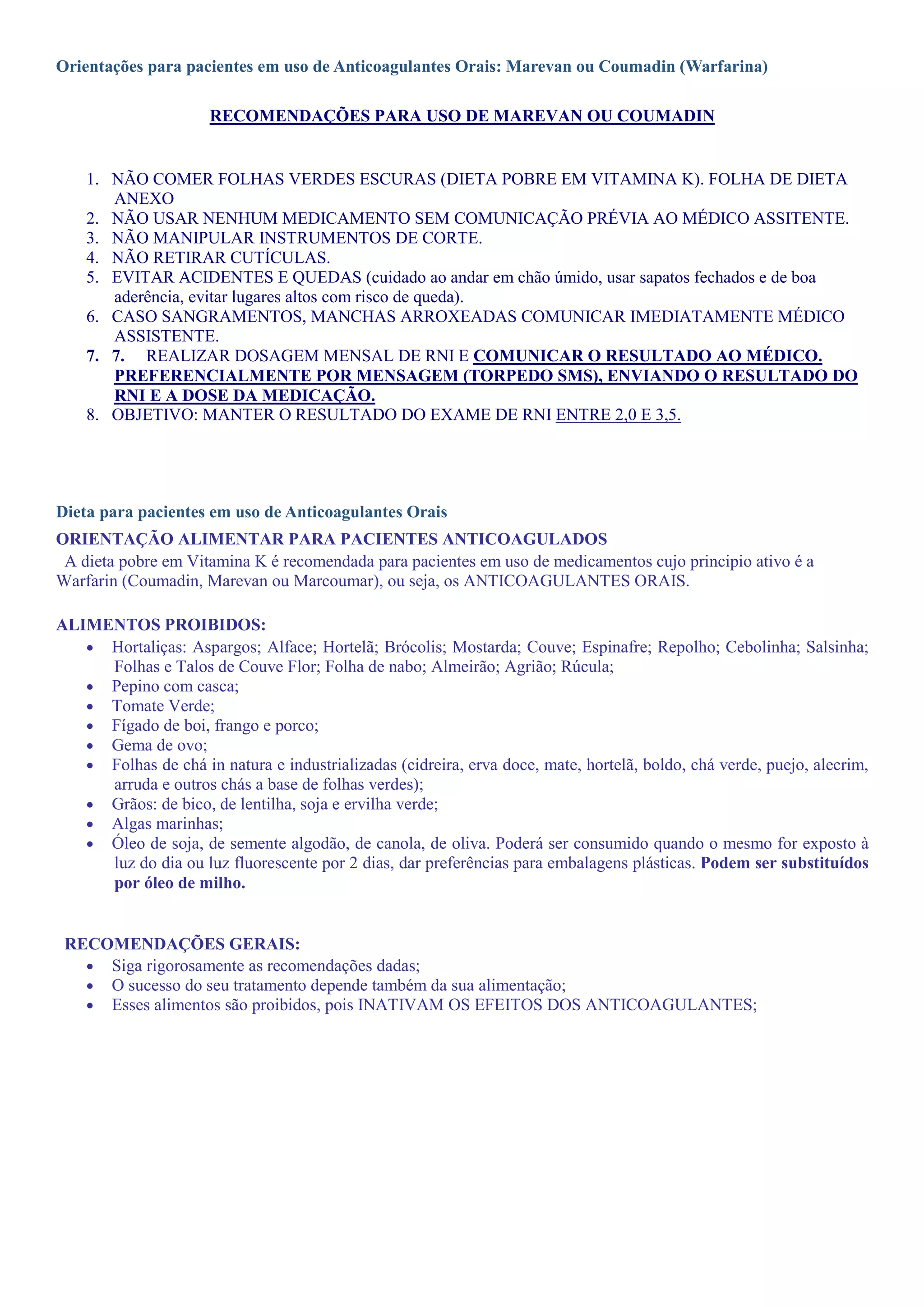 Recomendações uso marevan | PDF