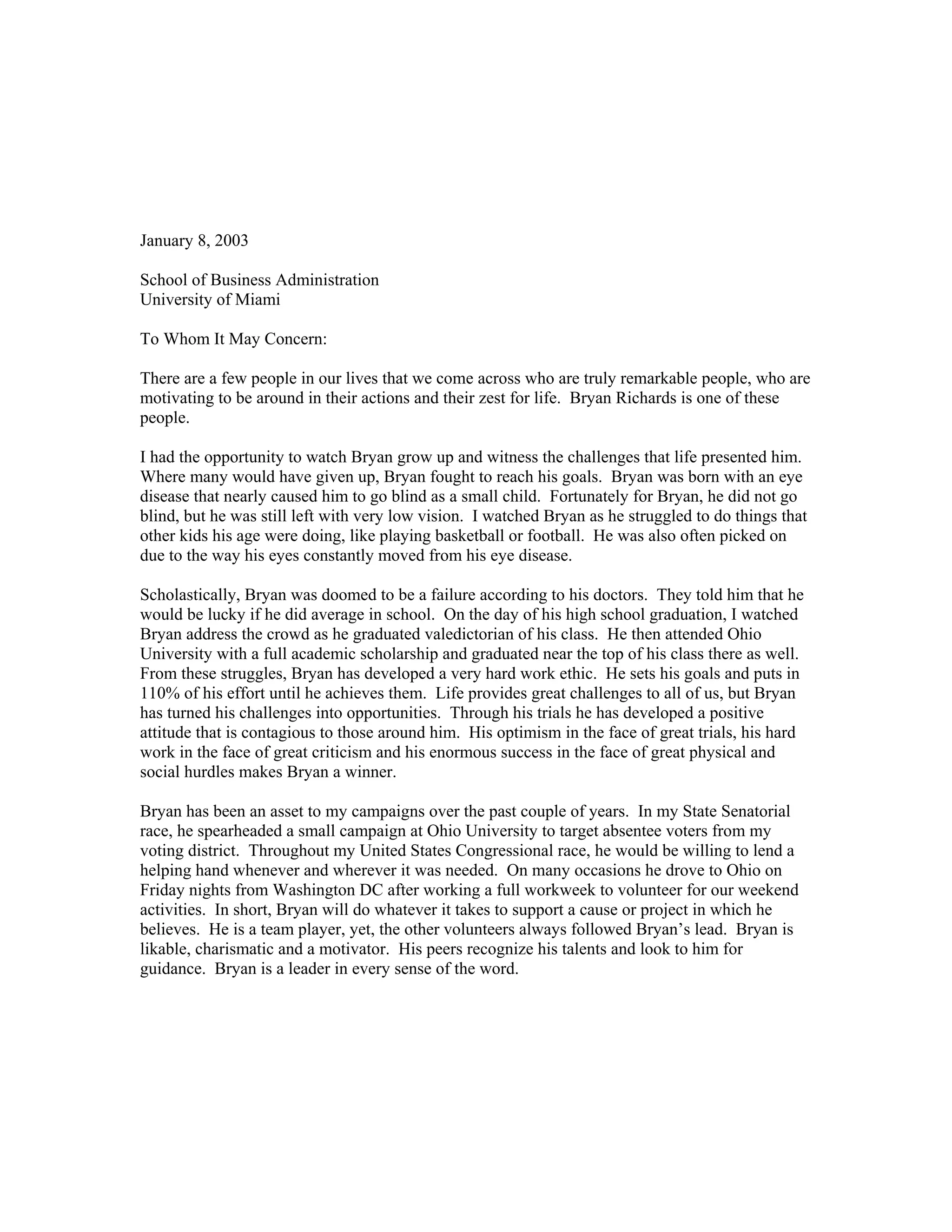 Letter of Recommendation - US Representative Timothy Ryan | PDF