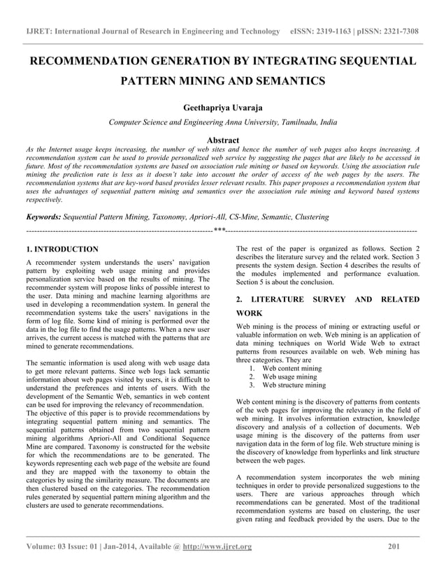 Recommendation Generation By Integrating Sequential Pattern Mining And Semantics Pdf