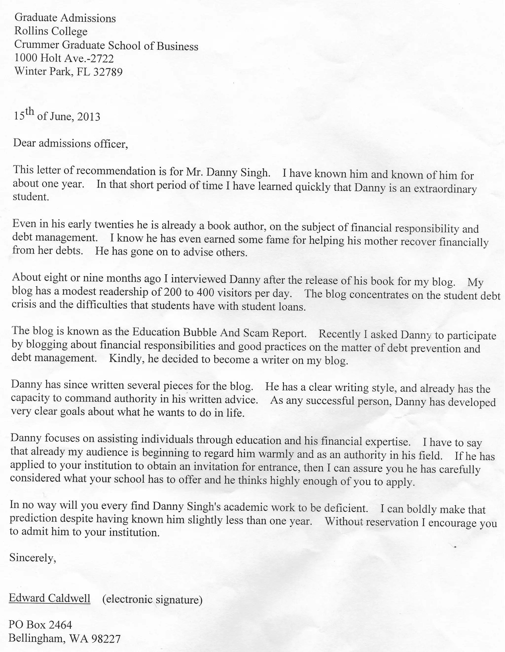 Recommendation Letter from Edward Caldwell for Deepak (Danny) Singh ...