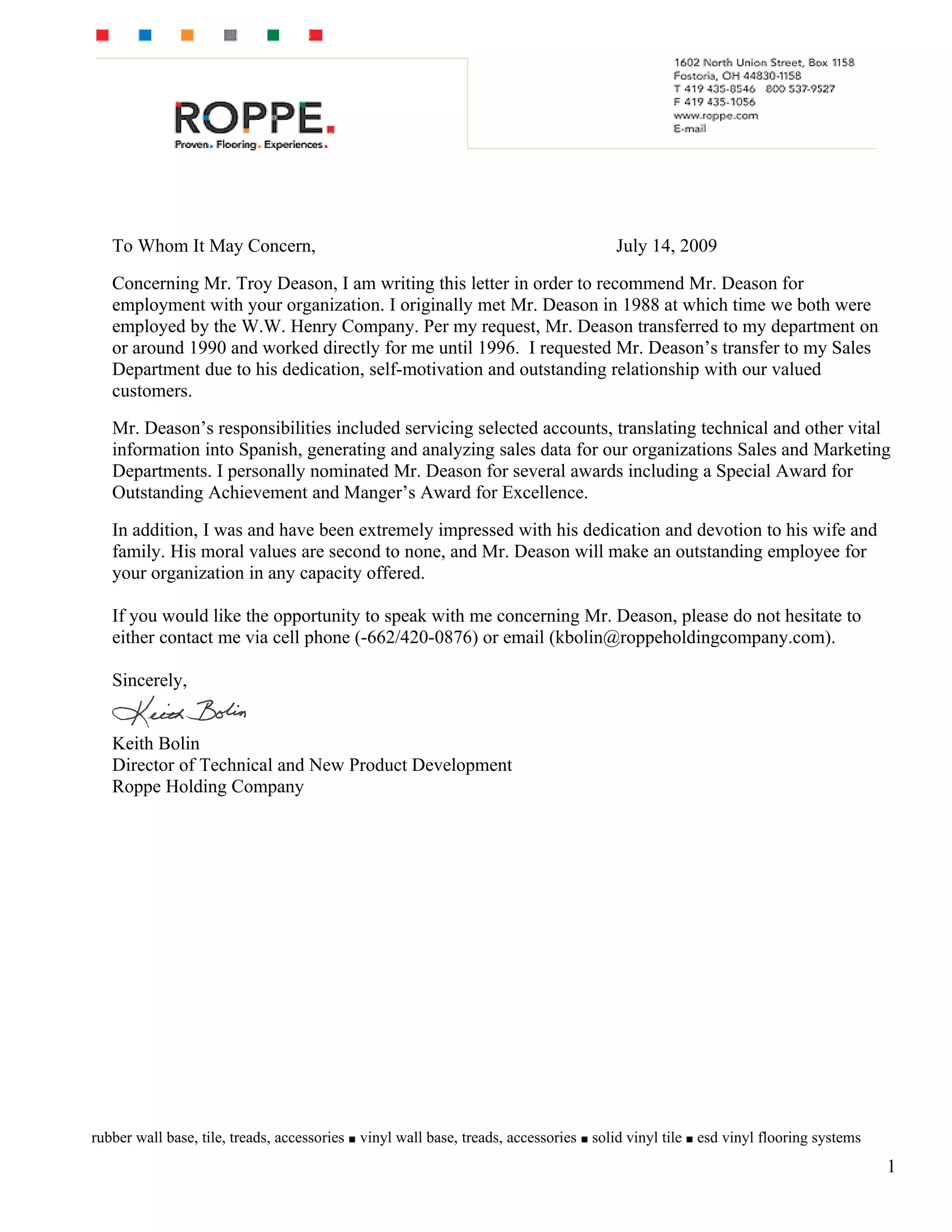 Recommendation Letter From Keith Bolin | DOC