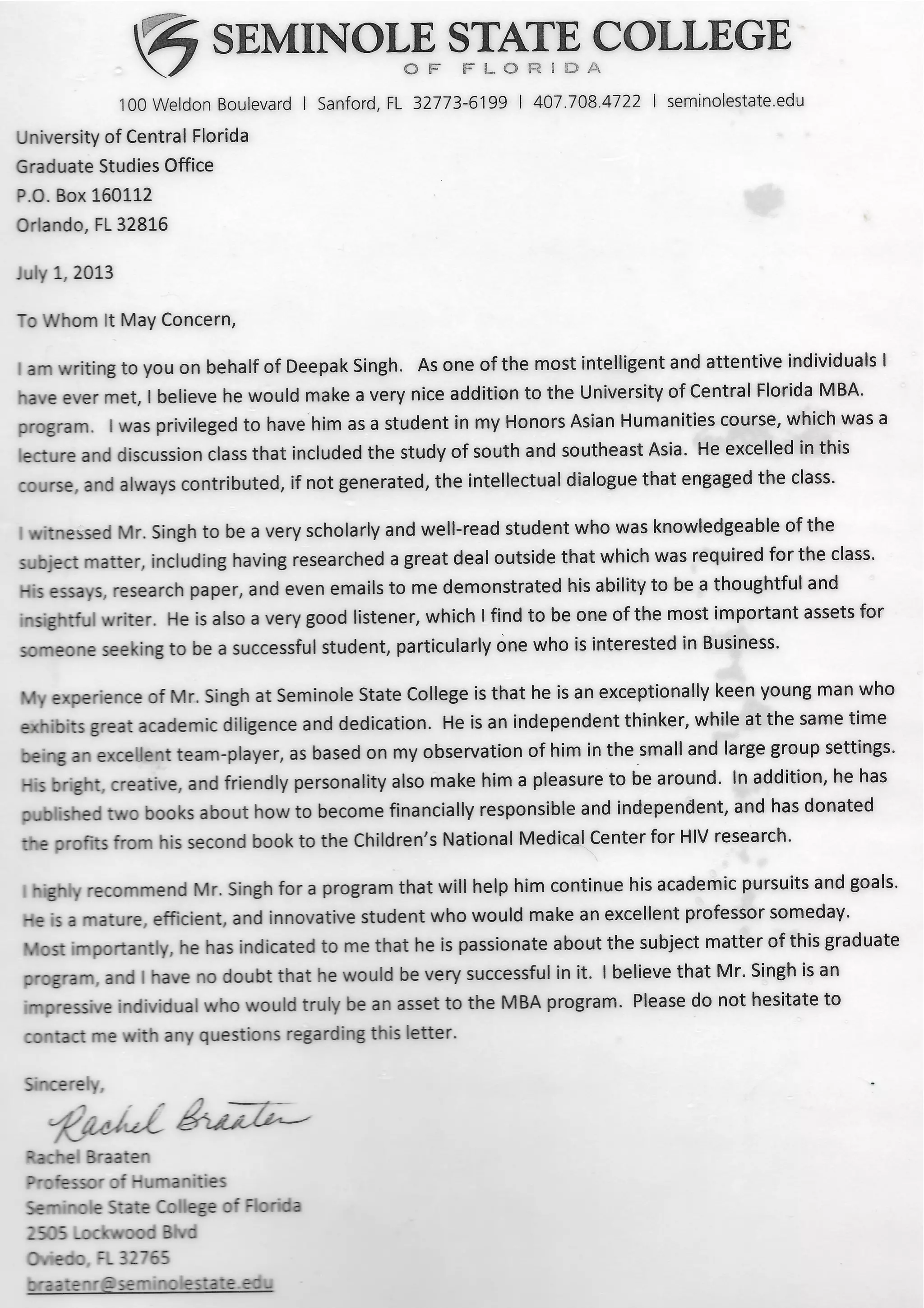 Recommendation Letter from Rachel Braaten for Deepak (Danny) Singh | PDF