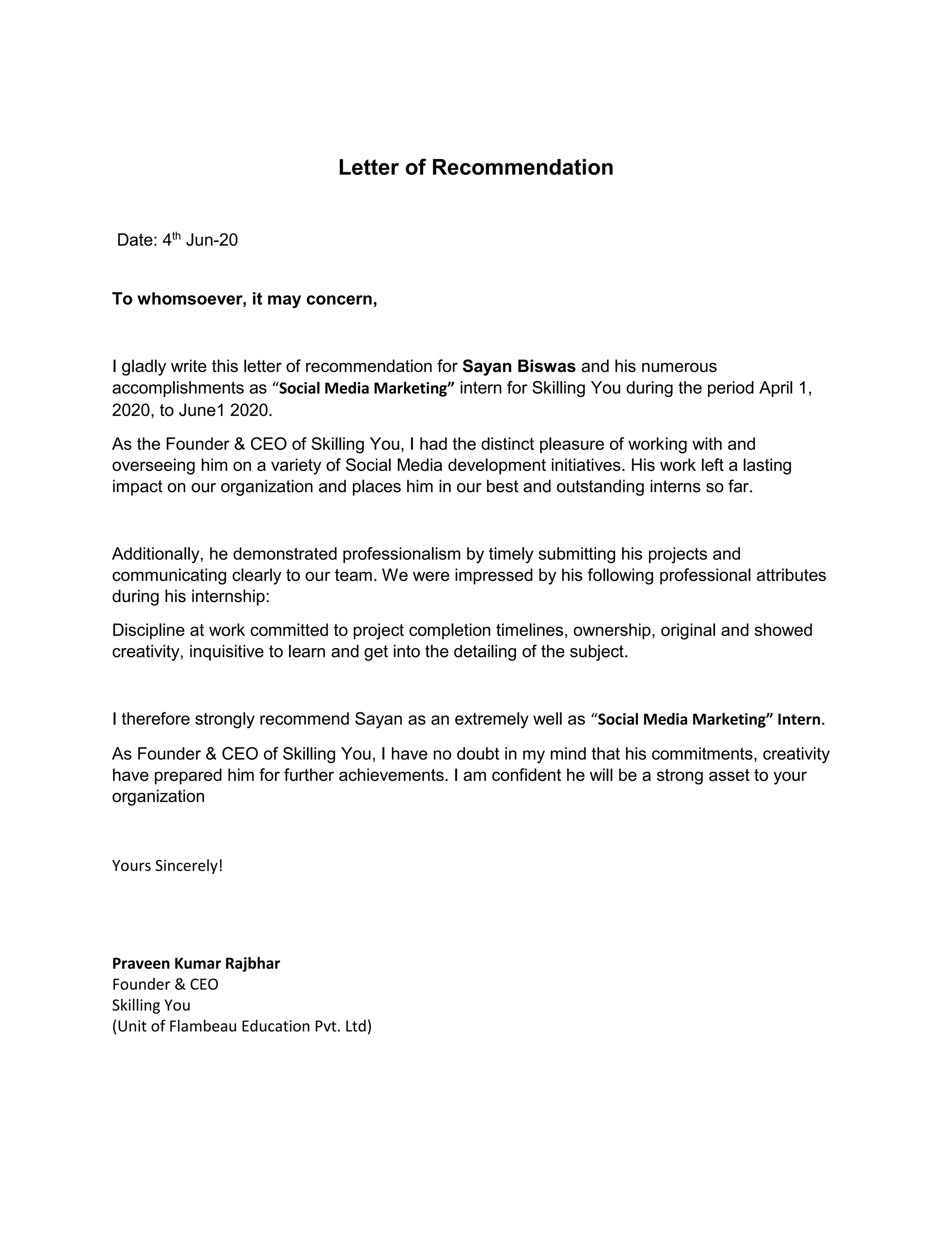 Recommendation letter sayan biswas | PDF