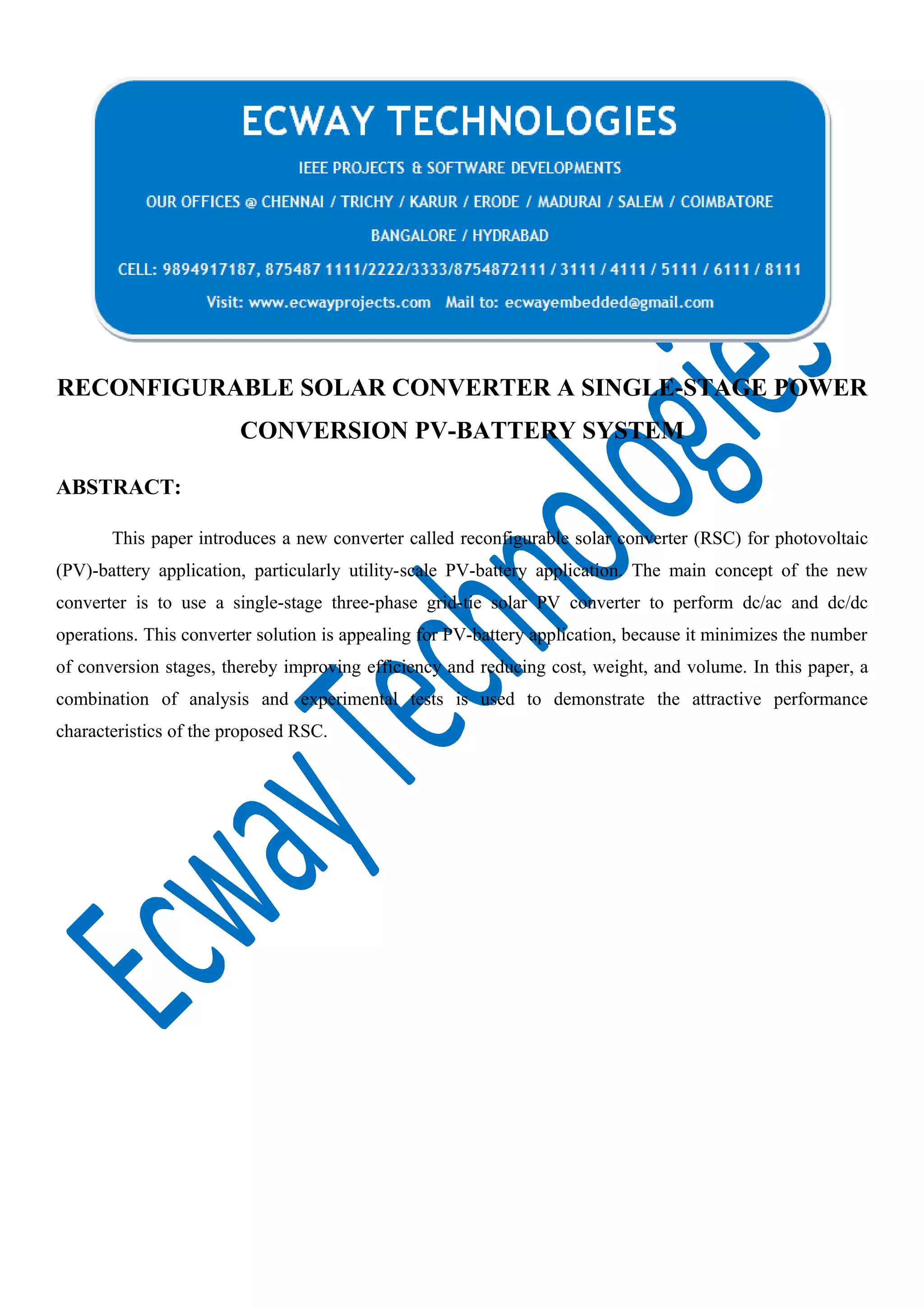 Reconfigurable solar converter a single stage power conversion pv-battery system | DOC ...