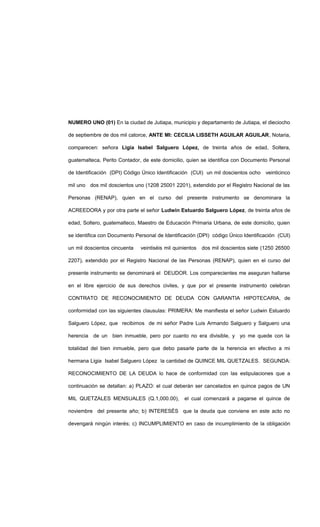Reconocimiento de deuda con garantia hipotecaria | DOC