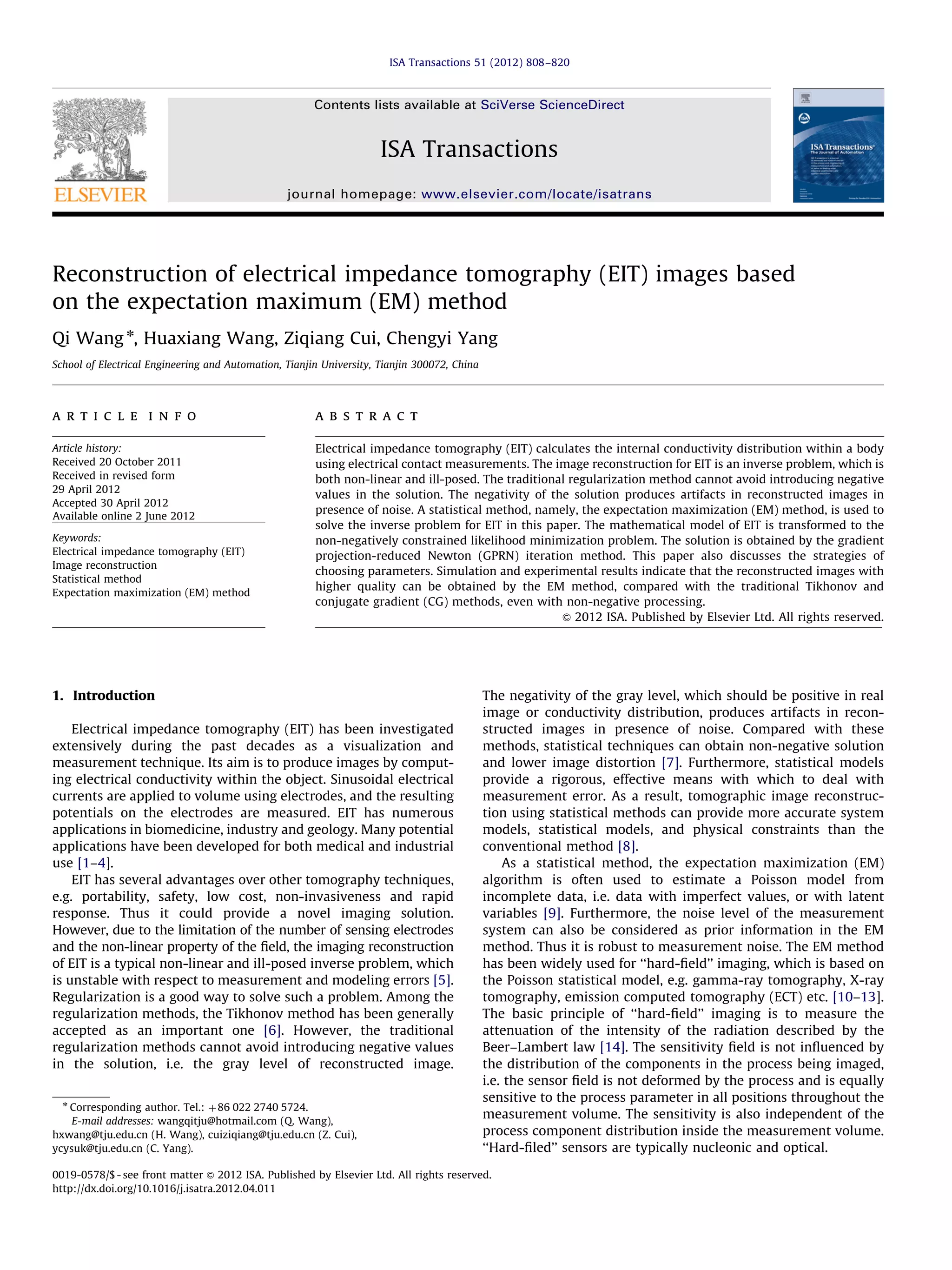 Reconstruction of electrical impedance tomography images based on the expectation maximum method ...