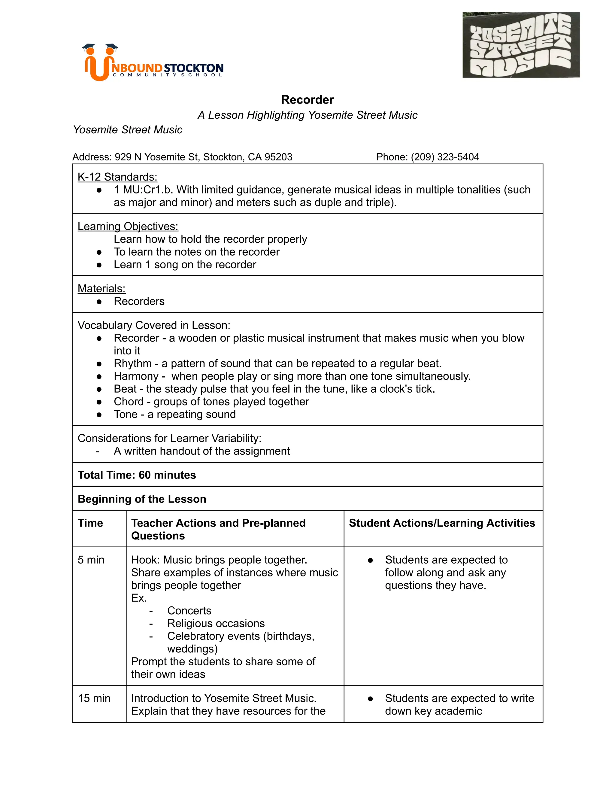 Recorder Lesson Plan for Elementary Students | PDF
