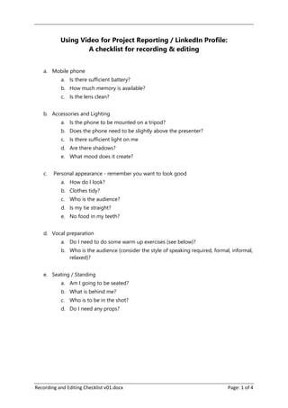 Recording and editing checklist, John Chapman | PDF | Video Production ...