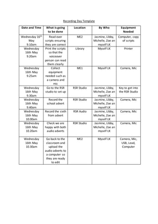 Recording day template | DOCX