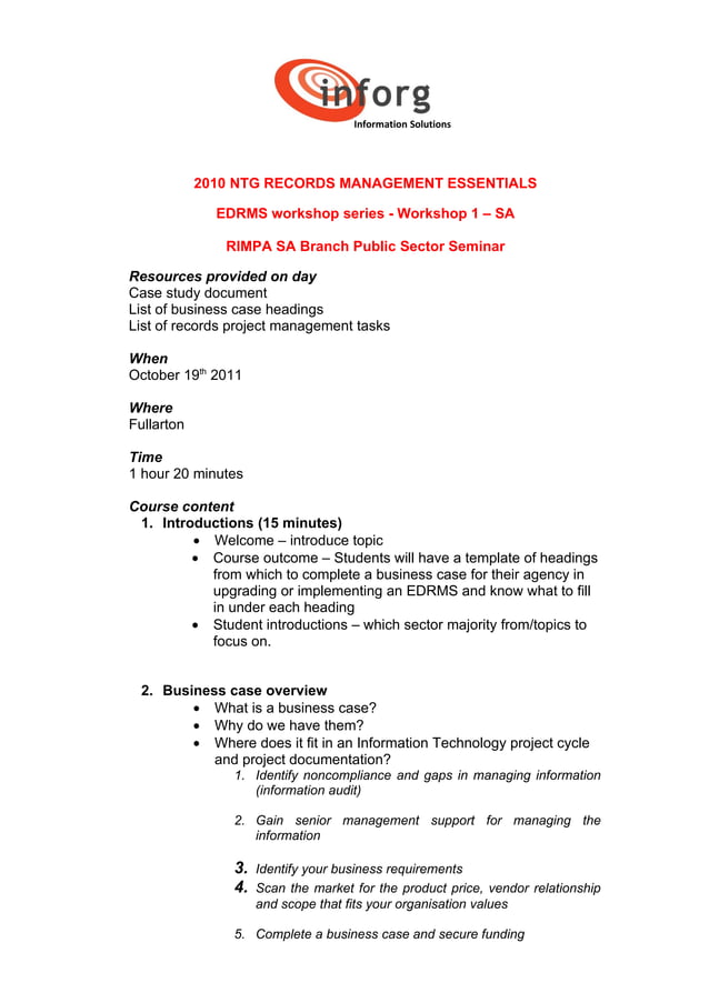 Records management essentials workshop overview bus case - final | PDF