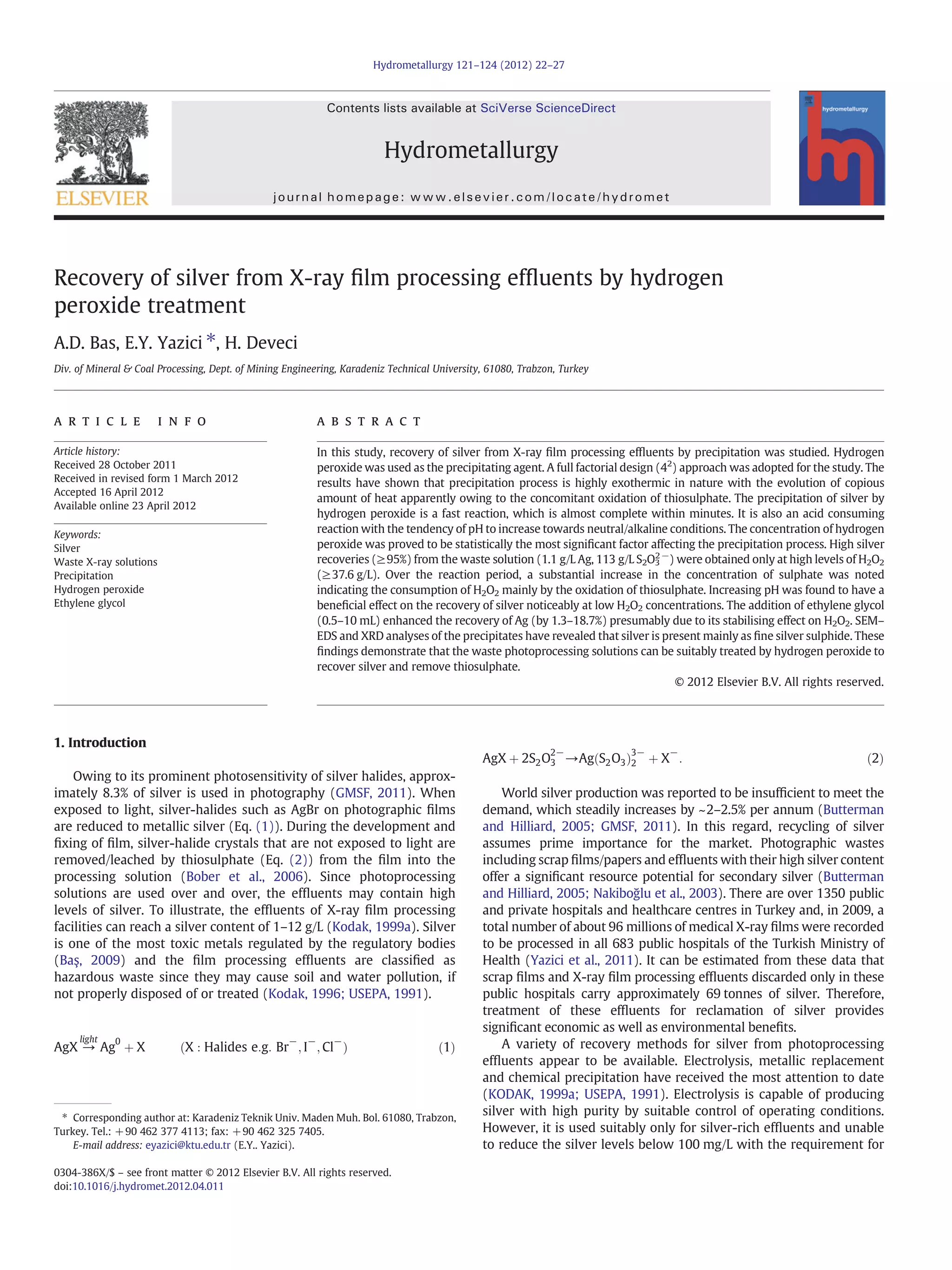Recovery of silver from x ray film processing effluents by hydrogen ...