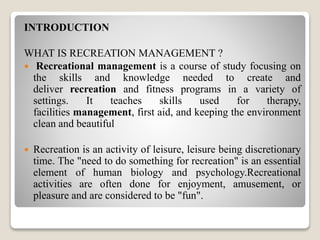 Recreation management rides and games in amusement park | PPTX