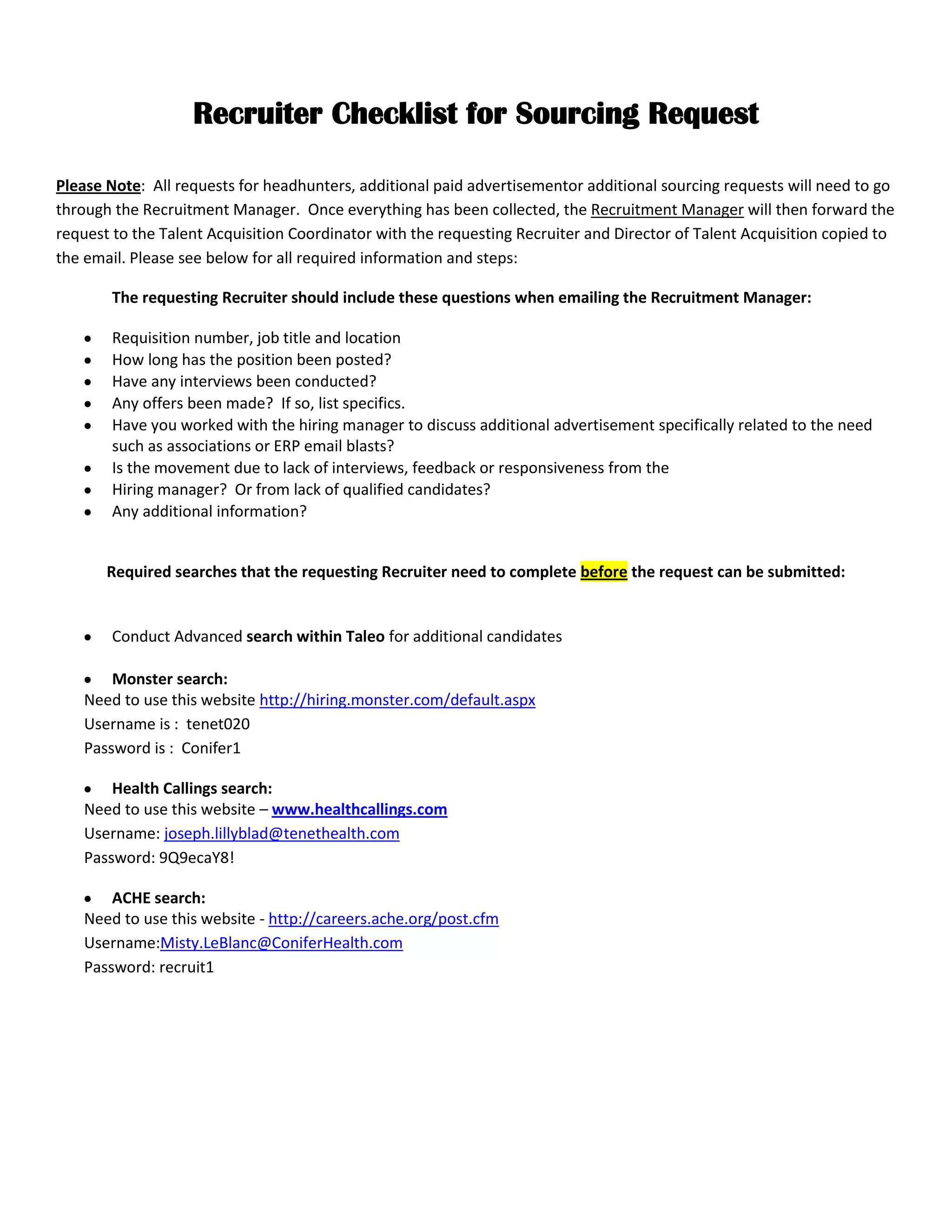Recruiter checklist for sourcing request | DOCX