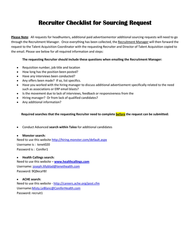 Recruiter checklist for sourcing request | DOCX