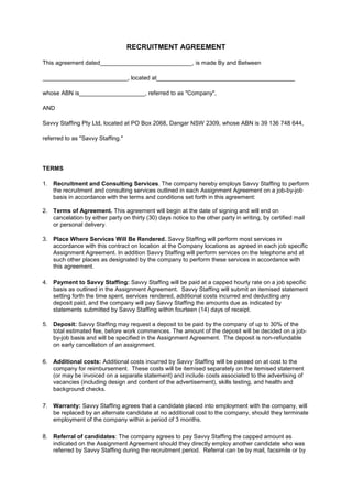 RECRUITMENT AGREEMENT Savvy Staffing | PDF