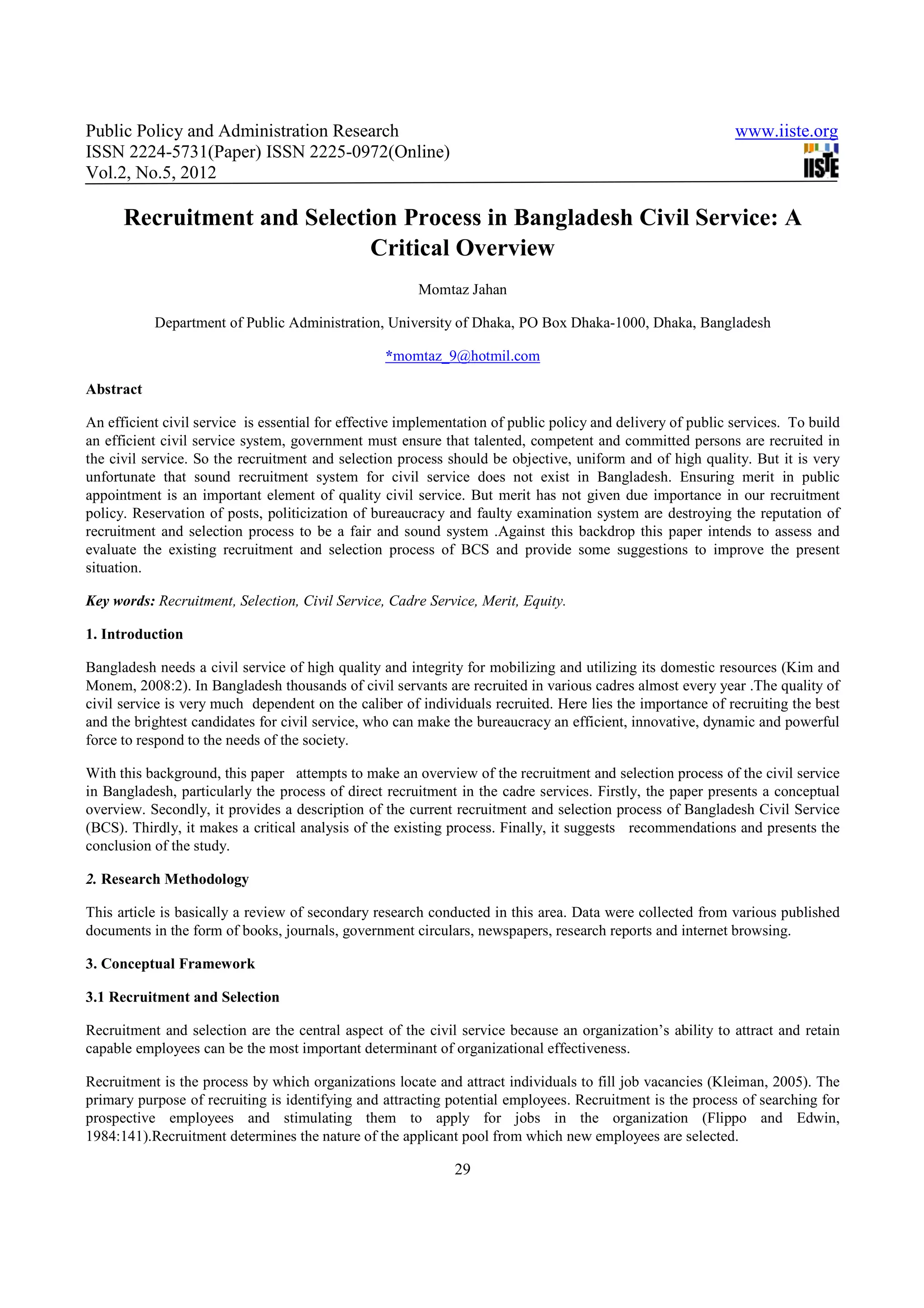 Recruitment and selection process in bangladesh civil service | PDF