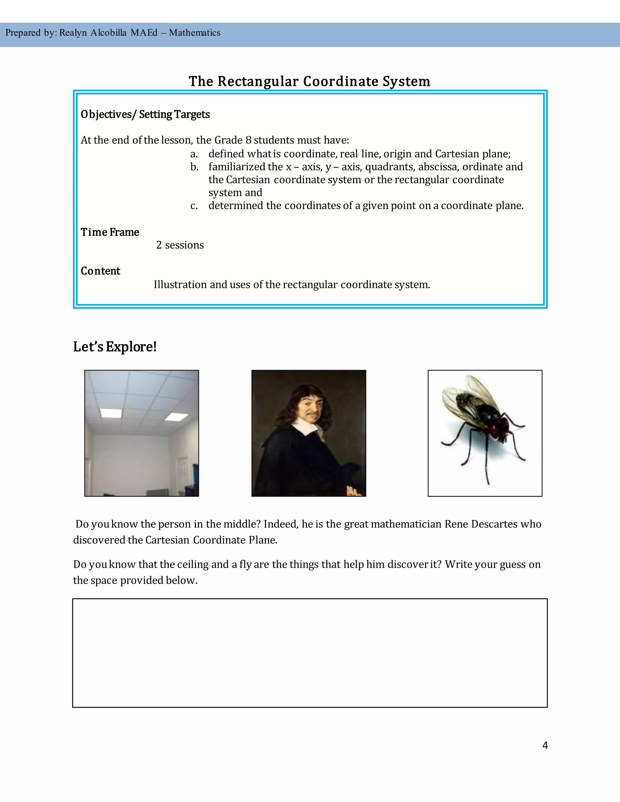 Rectangular Coordinate System Lesson Plan Docx