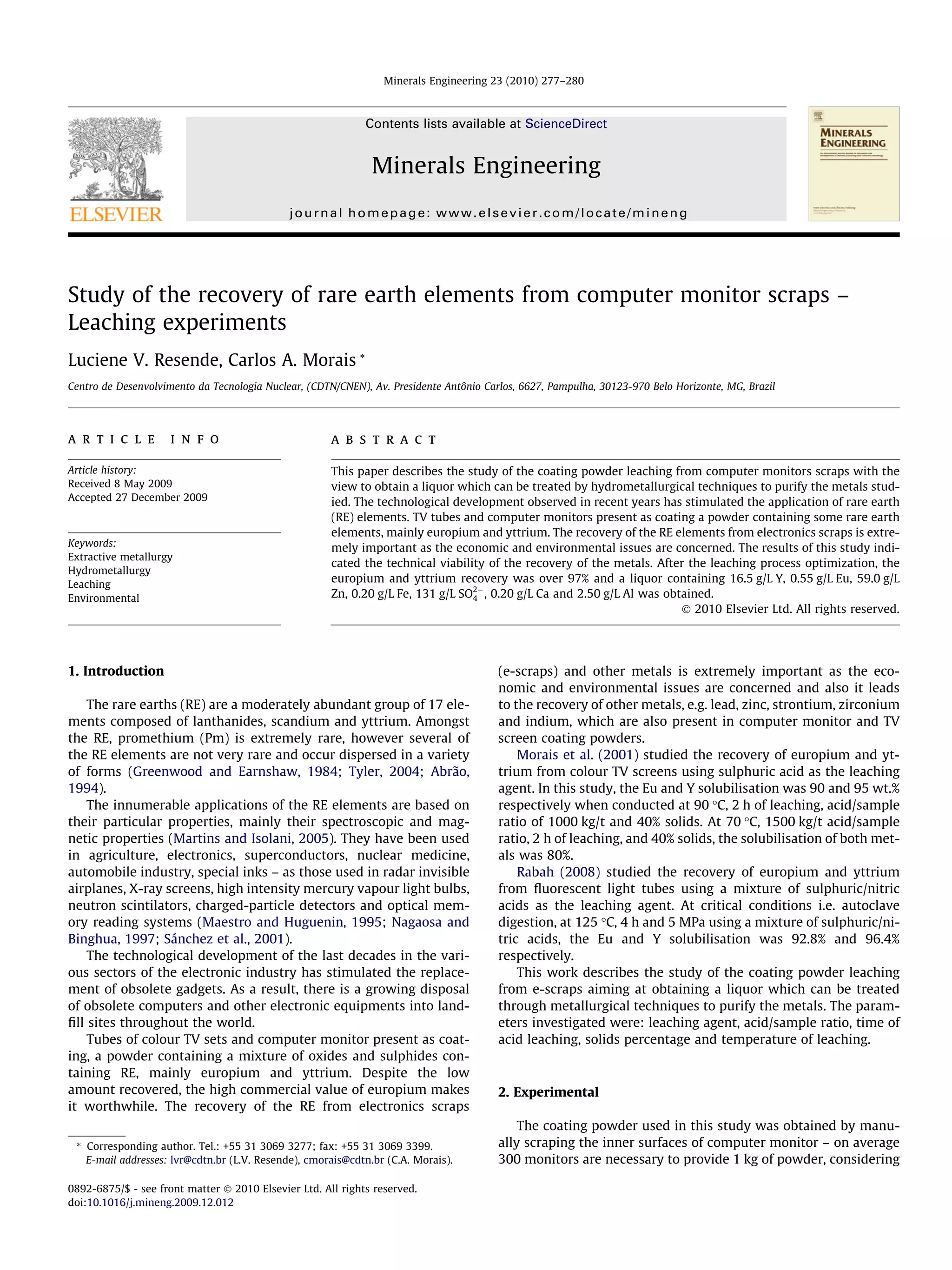 Study of the recovery of rare earth elements from computer monitor ...