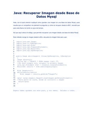 Recuperar imagen desde base de datos mysql IDE NETBEANS | PDF