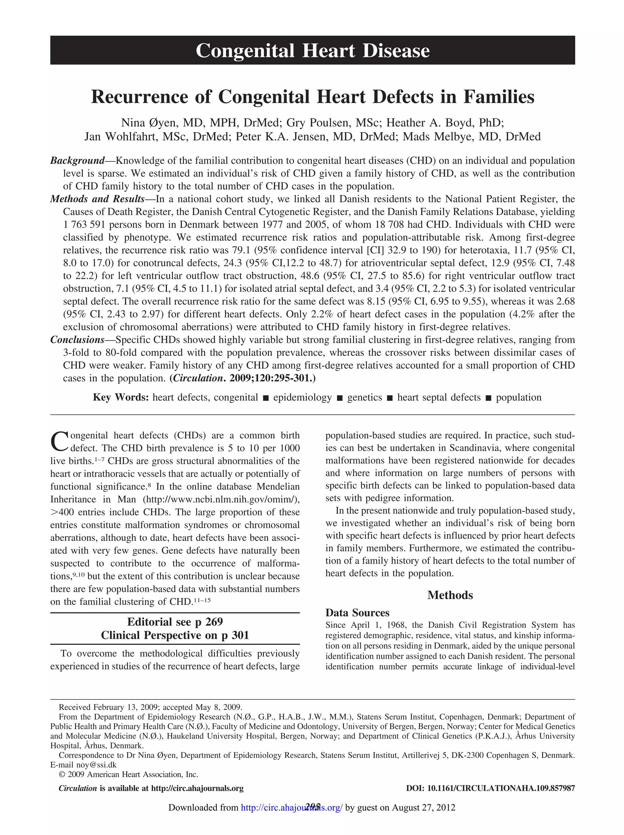 Recurrence of congenital heart defects in families | PDF