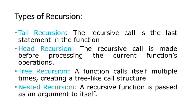 Recursion is used in programming languages to use a procedure multiple times when we needed | PPT
