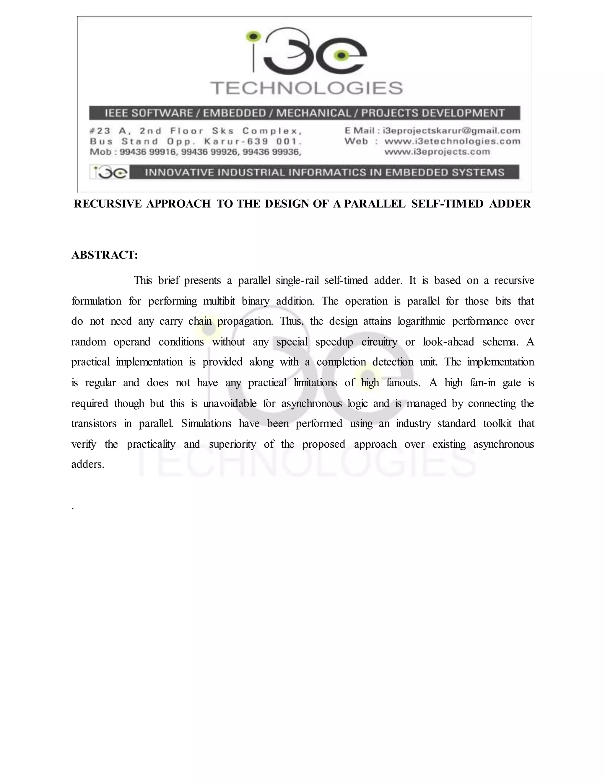 Recursive approach to the design of a parallel self timed adder | DOCX | Computing | Technology ...