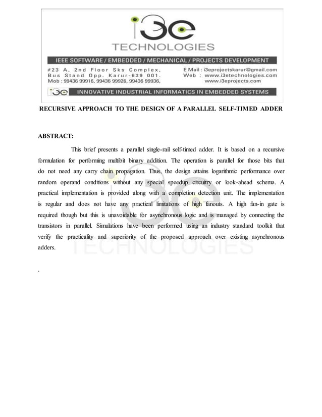 Recursive Approach To The Design Of A Parallel Self Timed Adder Pdf
