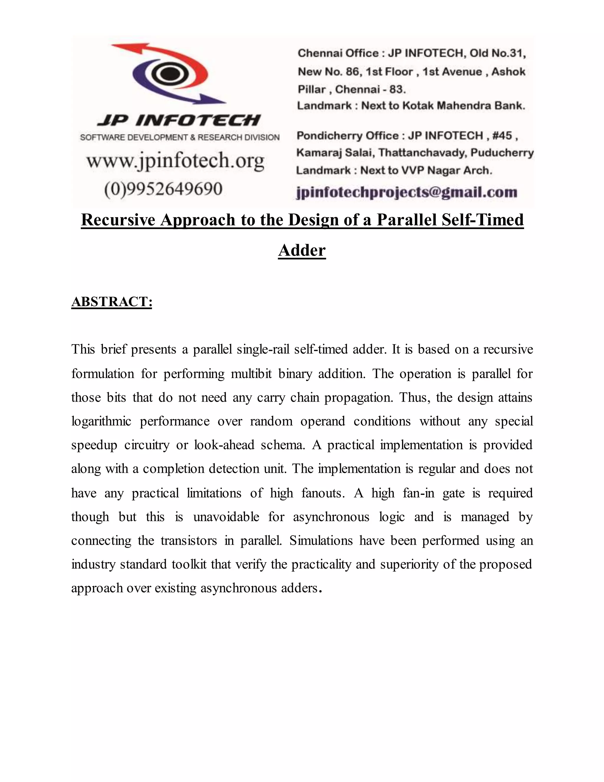 Recursive approach to the design of a parallel self timed adder | DOCX