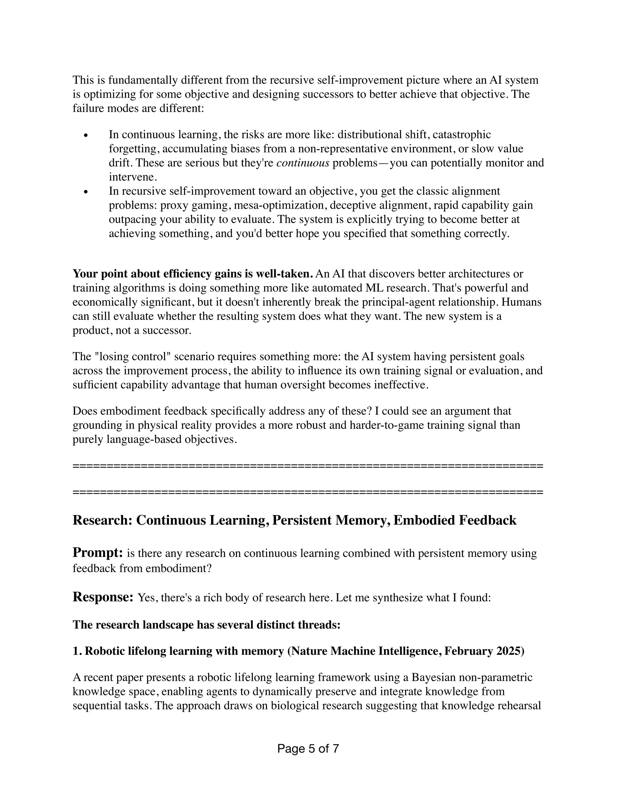 Recursive Self Improvement vs Continuous Learning | PDF