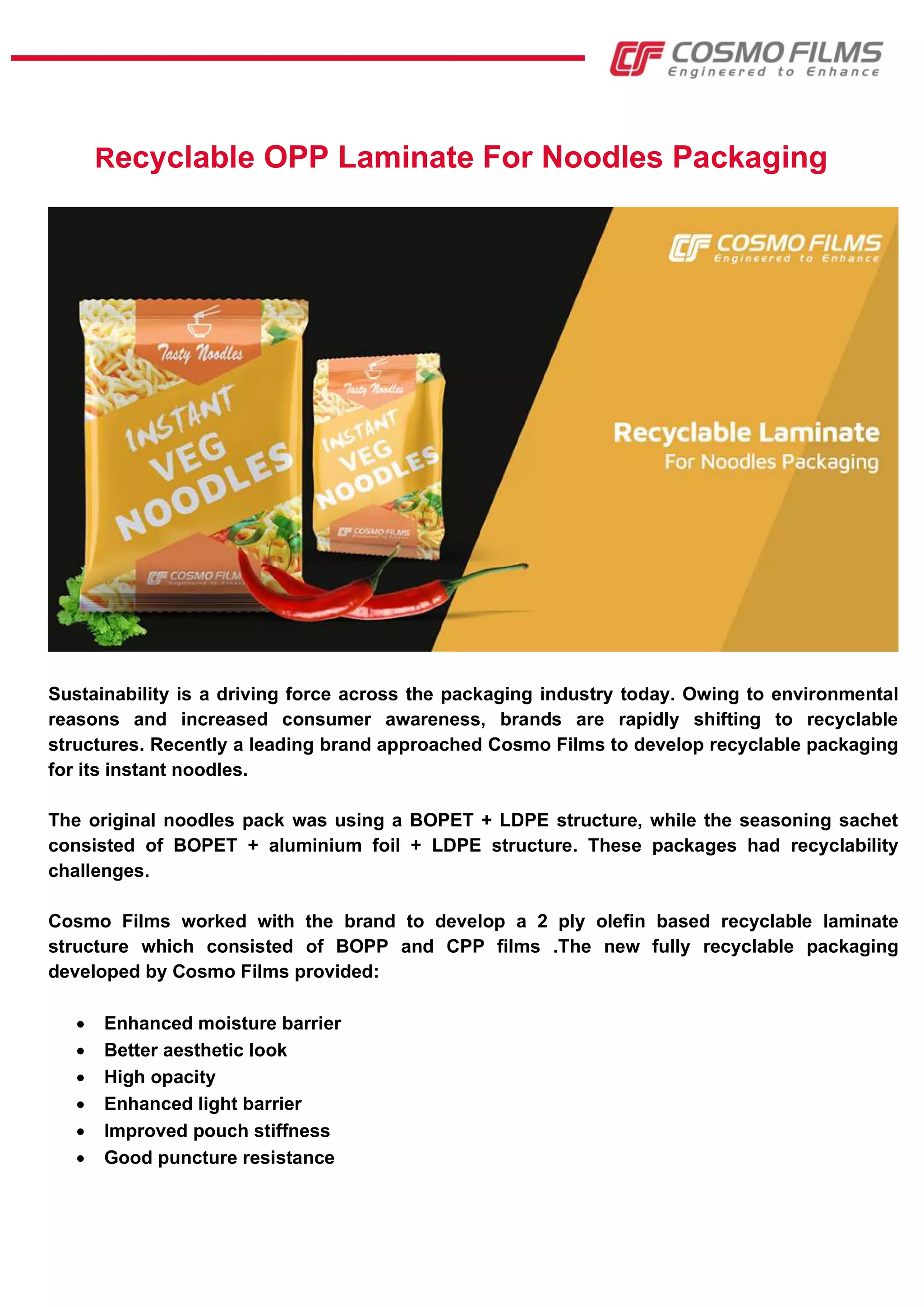 Recyclable OPP Laminate For Noodles Packaging | PDF