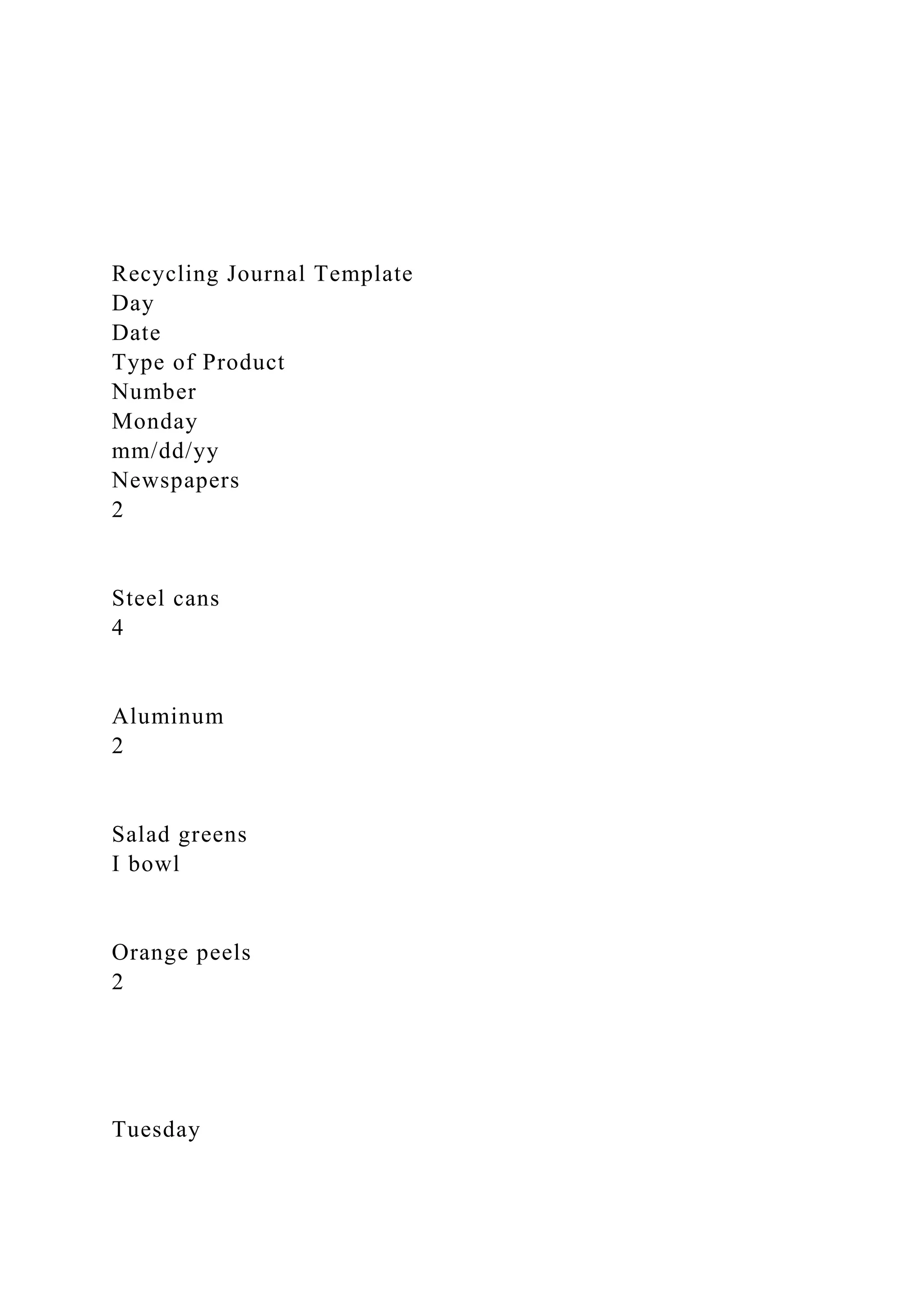 Recycling Journal TemplateDayDateType of ProductNumb.docx