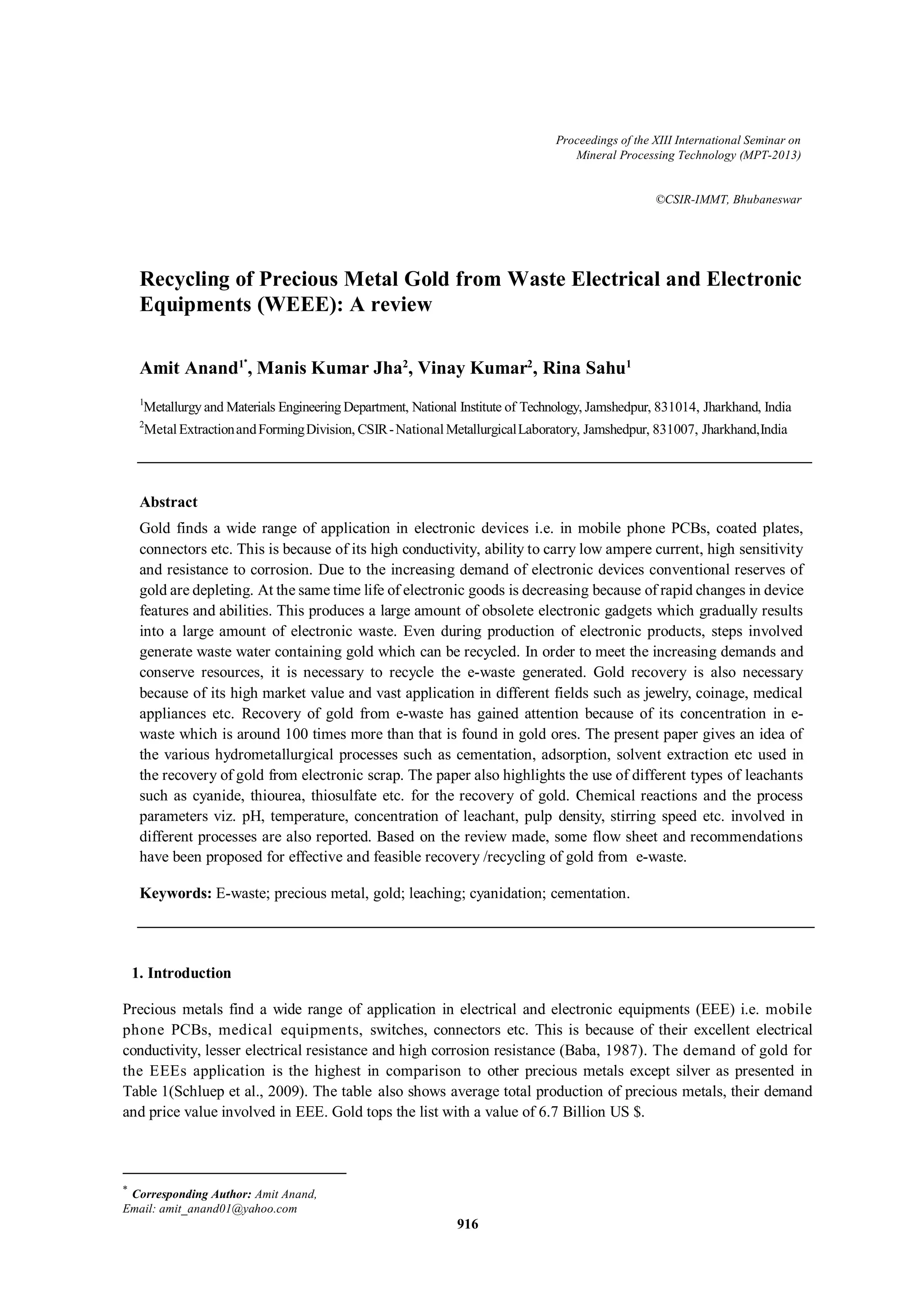 Recycling of Precious Metal Gold from Waste Electrical and Electronic Equipments | PDF
