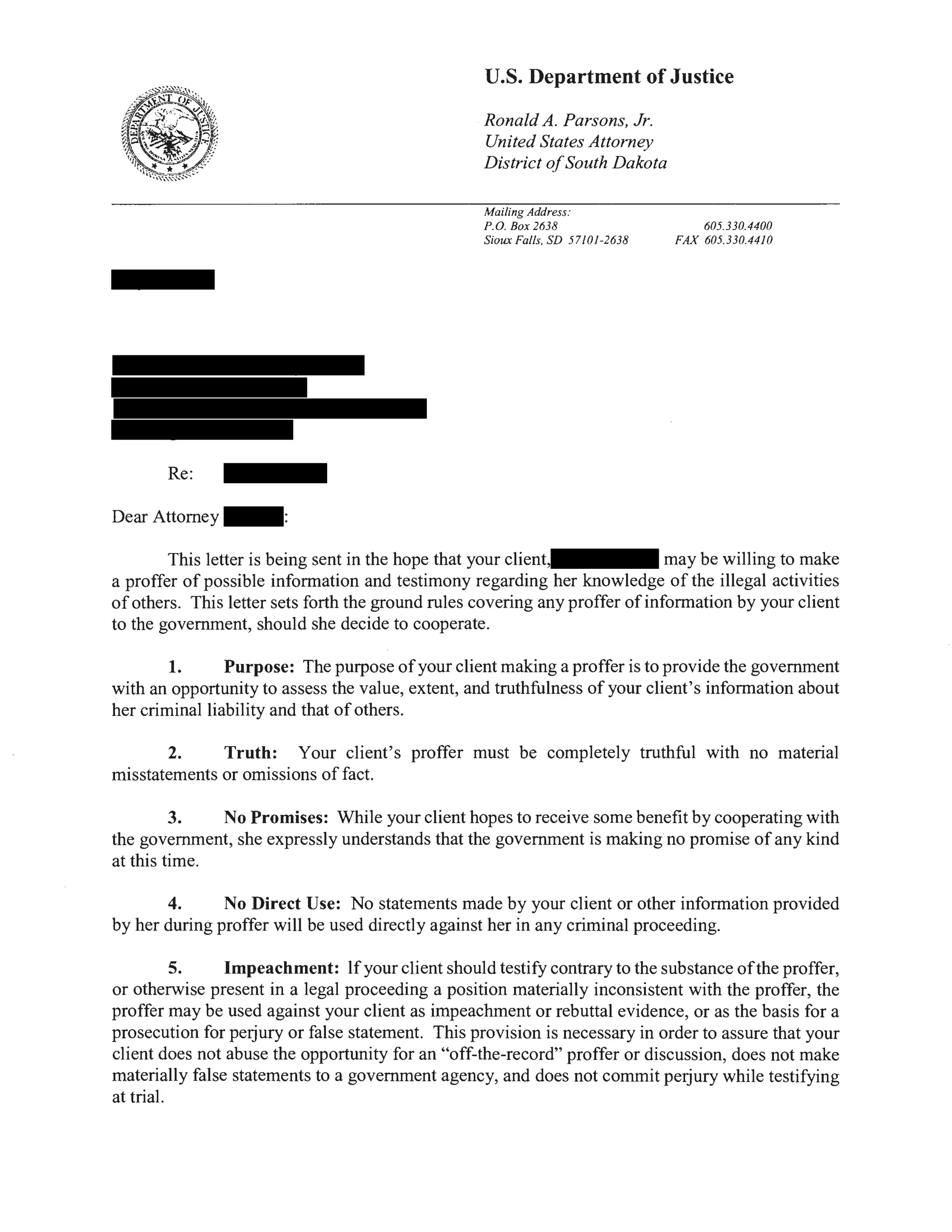Redacted Proffer Agreement South Dakota | PDF