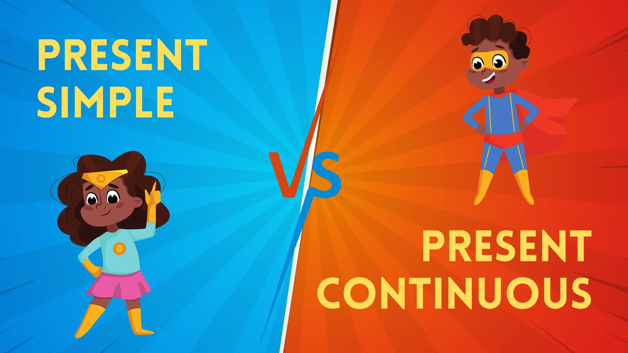 Red and Blue Bright Superheroes Present Simple Vs Present Continuous ...