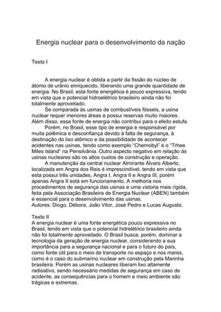Redação Exemplo: Energia nuclear para o desenvolvimento da nação | DOC