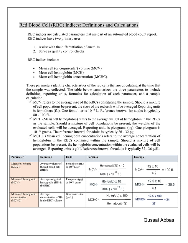 Red blood cell Indices | PDF | Chemistry | Science