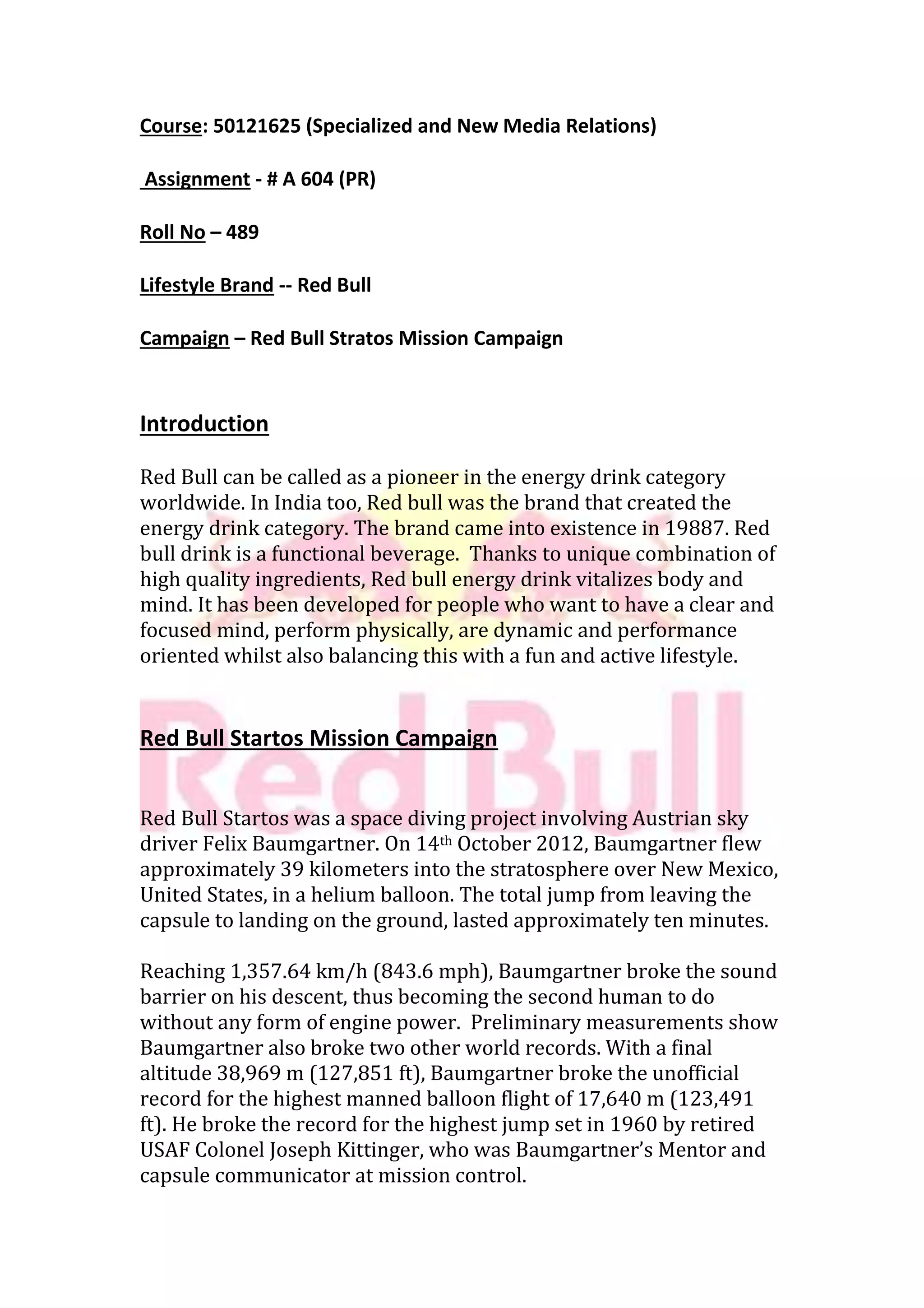 Red bull stratos campaign | DOCX | Track and Field | Sports