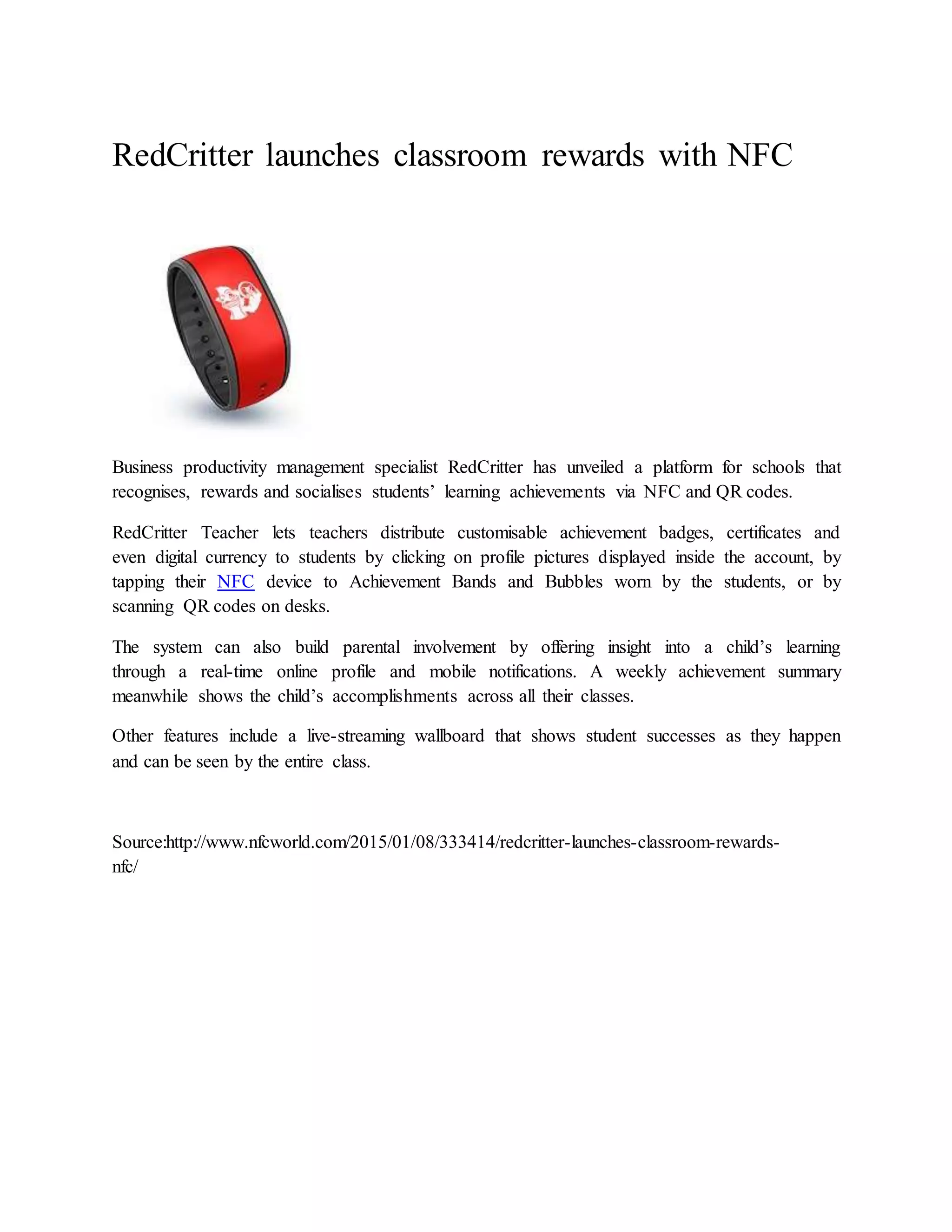 Red critter launches classroom rewards with nfc | DOCX