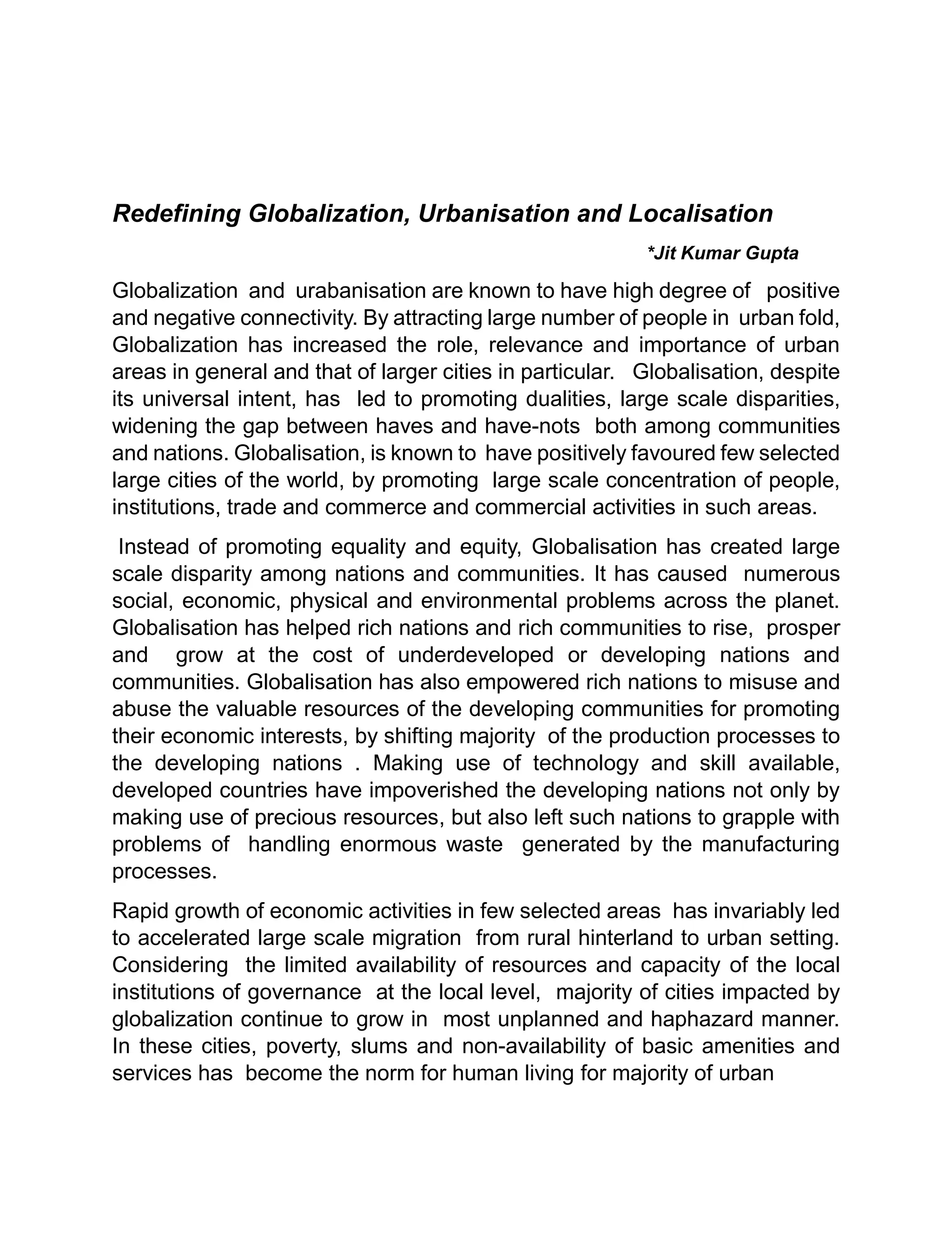 Redefining Globalization, urbanisation and Localisation | DOCX