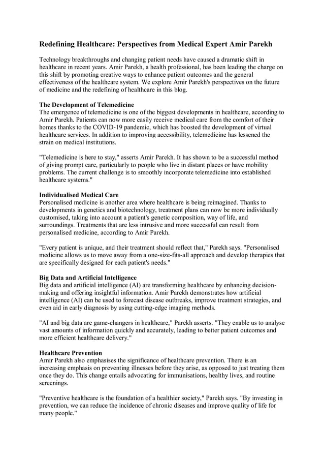 Redefining Healthcare: Perspectives from Medical Expert Amir Parekh | PDF