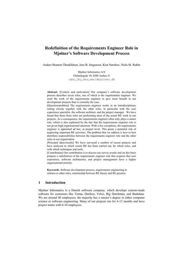 Redefinition of the Requirements Engineer Role in Mjølner's Software Development Process | PDF