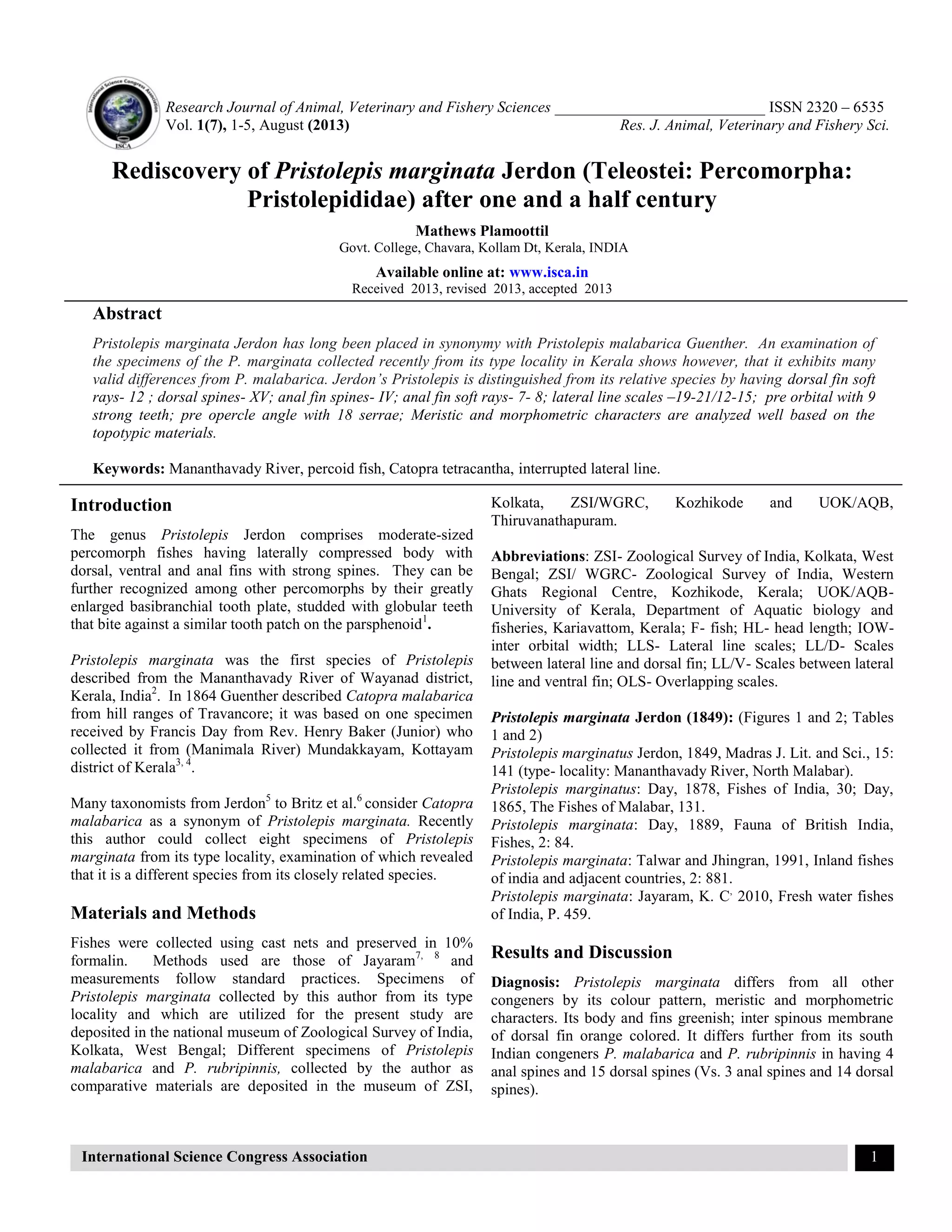 Rediscovery of pristolepis marginata | PDF