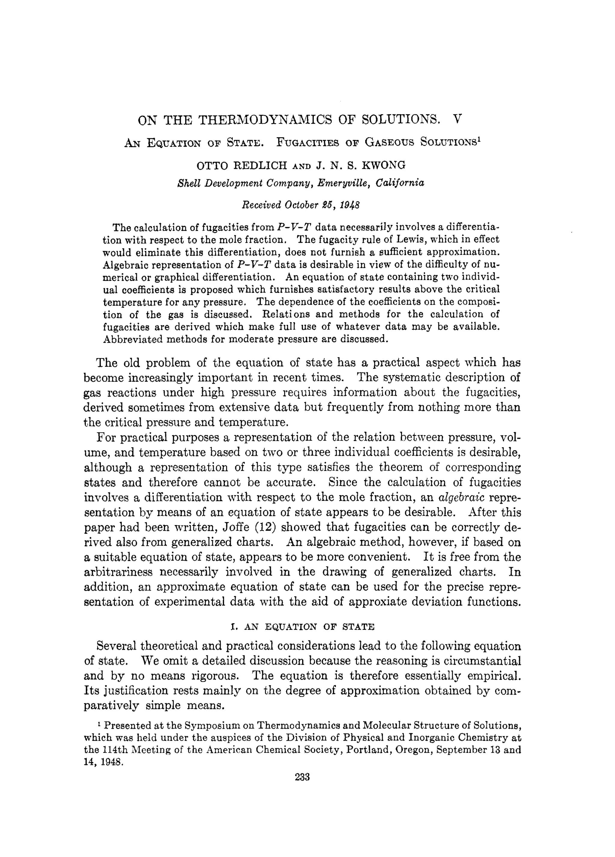 Redlich kwong, 1949 | PDF